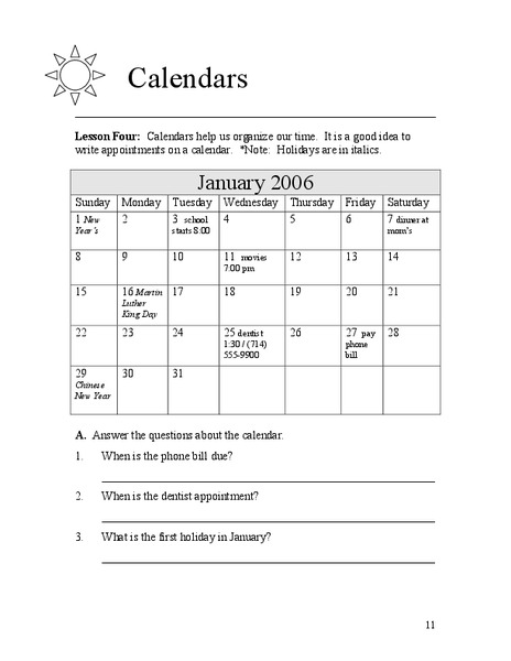 Calendars Worksheet for 2nd - 5th Grade | Lesson Planet