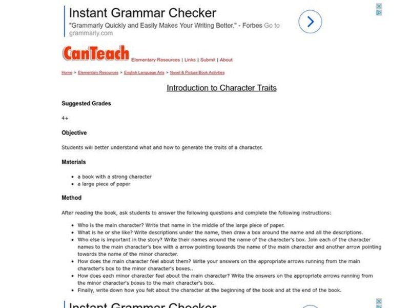Introduction to Character Traits Lesson Plan for 4th - 5th Grade ...
