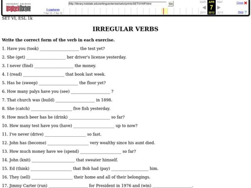 Irregular Verbs Worksheet for 4th - 5th Grade | Lesson Planet