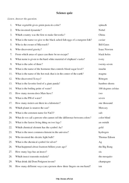 Science quiz Worksheet for 6th - 7th Grade | Lesson Planet